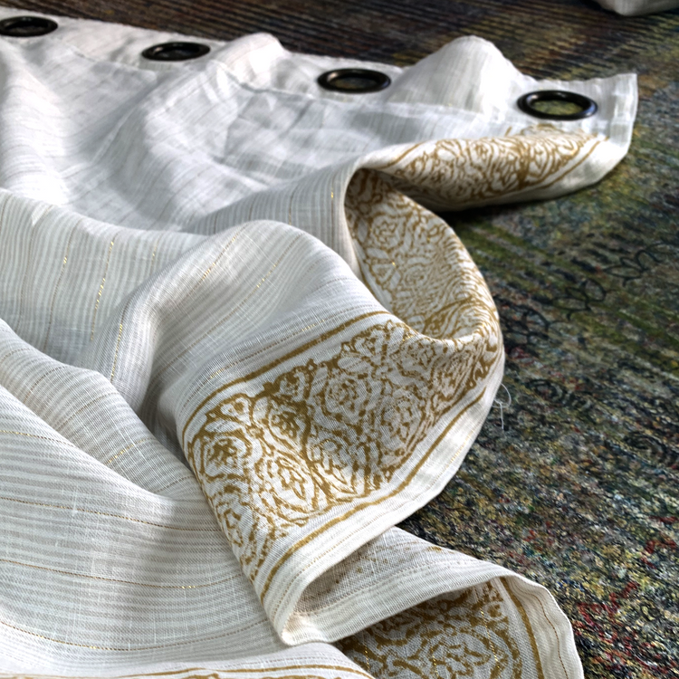 Handmade Block Print Linen Curtains: Ochre Graphic Design on Italian ...